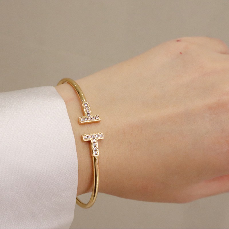 【TY】 925 Sterling Silver T-Shaped Open Gold Bracelet For Women Romantic ...