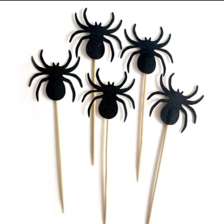 5pcs Pack Halloween Black Spider Paper Card Cake Topper Plug In Baking