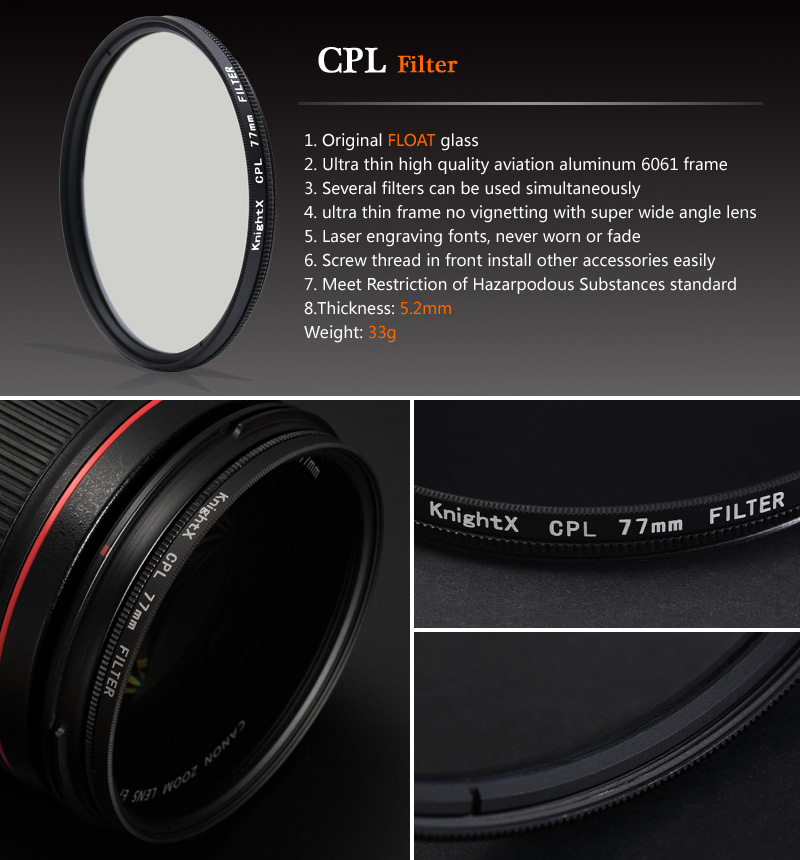 KnightX CPL Circular Polarizer Filter Ultra Slim For DSLR Lens 49mm 52mm 55mm 58mm 62mm 67mm ...