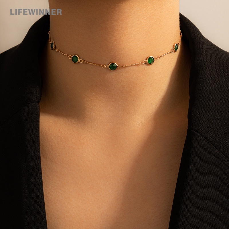 [ Women Green Rhinestone Chain Necklace Choker Necklace for Girlfriends ...