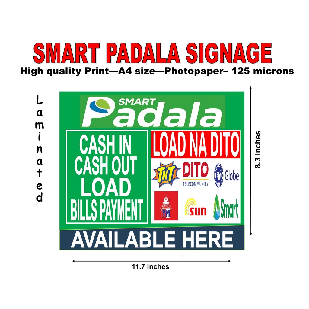 SIGNAGE S-PADALA CASH IN, OUT, LOAD & BILLS PAYMENT GREEN LAMINATED ...