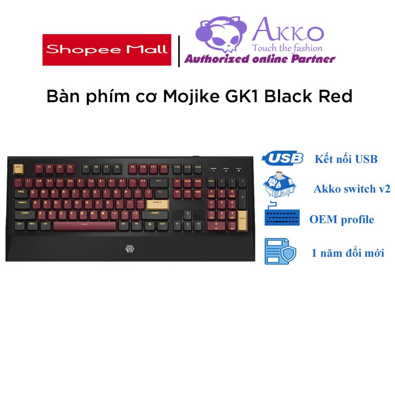 Mojike GK1 Black Red Mechanical Keyboard (AKKO sw v2 / White LED ...