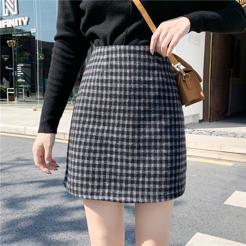 Newlan Dq003 Plaid Skirt Short Korean Model High Waist Slim Hips Plaid