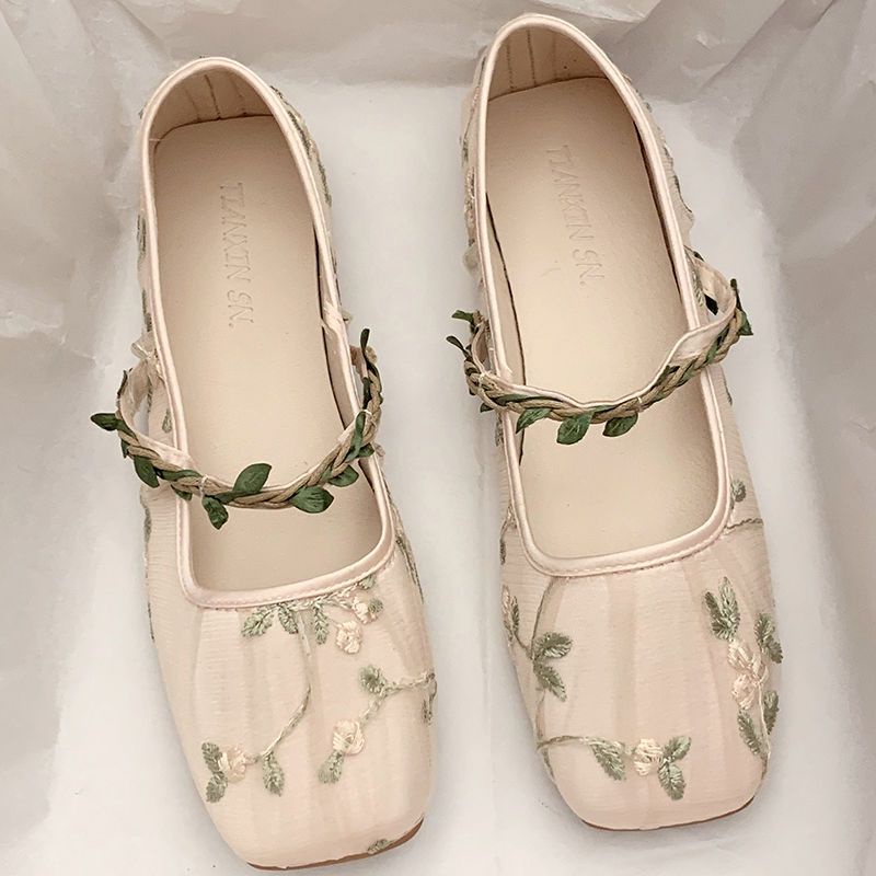 Square Toe Shoes Women's Flat Shallow Mouth Soft Leather Versatile Peas ...