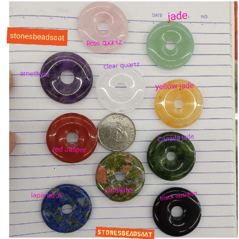 Disc Donut shape stone pendant jade, Amethyst, unakite, lapis lazuli ...