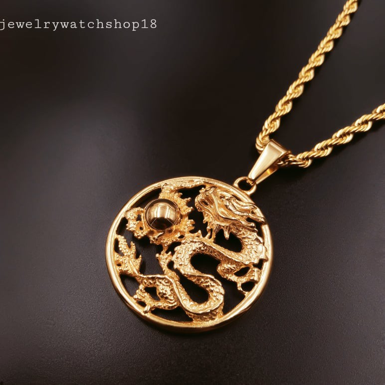 24k Gold Plated Dragon Pendant Necklace with Rope Chain | Shopee ...