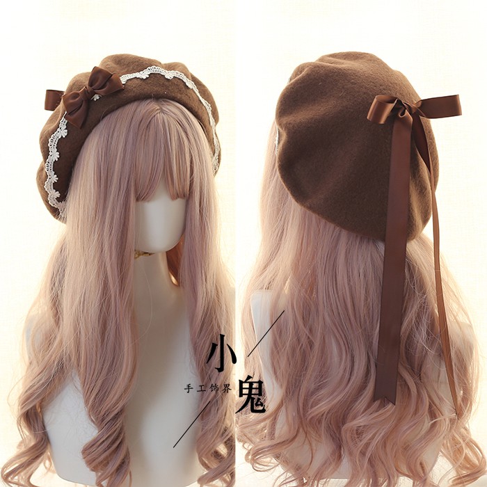 Japanese beret lolita girl heart sweet woolen female hand-made lace bow ...