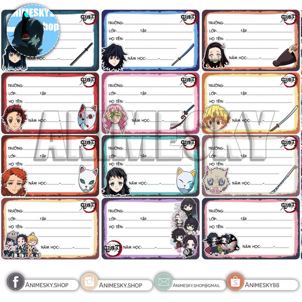 Anime notebook labels Kimetsu No Yaiba (Demon Slayer Blade) 1 set of 12 ...