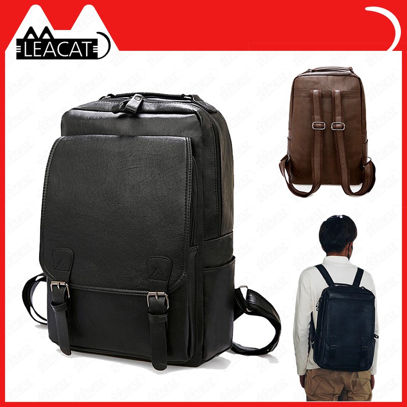 Leacat Laptop Backpack Pu Leather Waterproof Business Fit 15.6 Inch ...