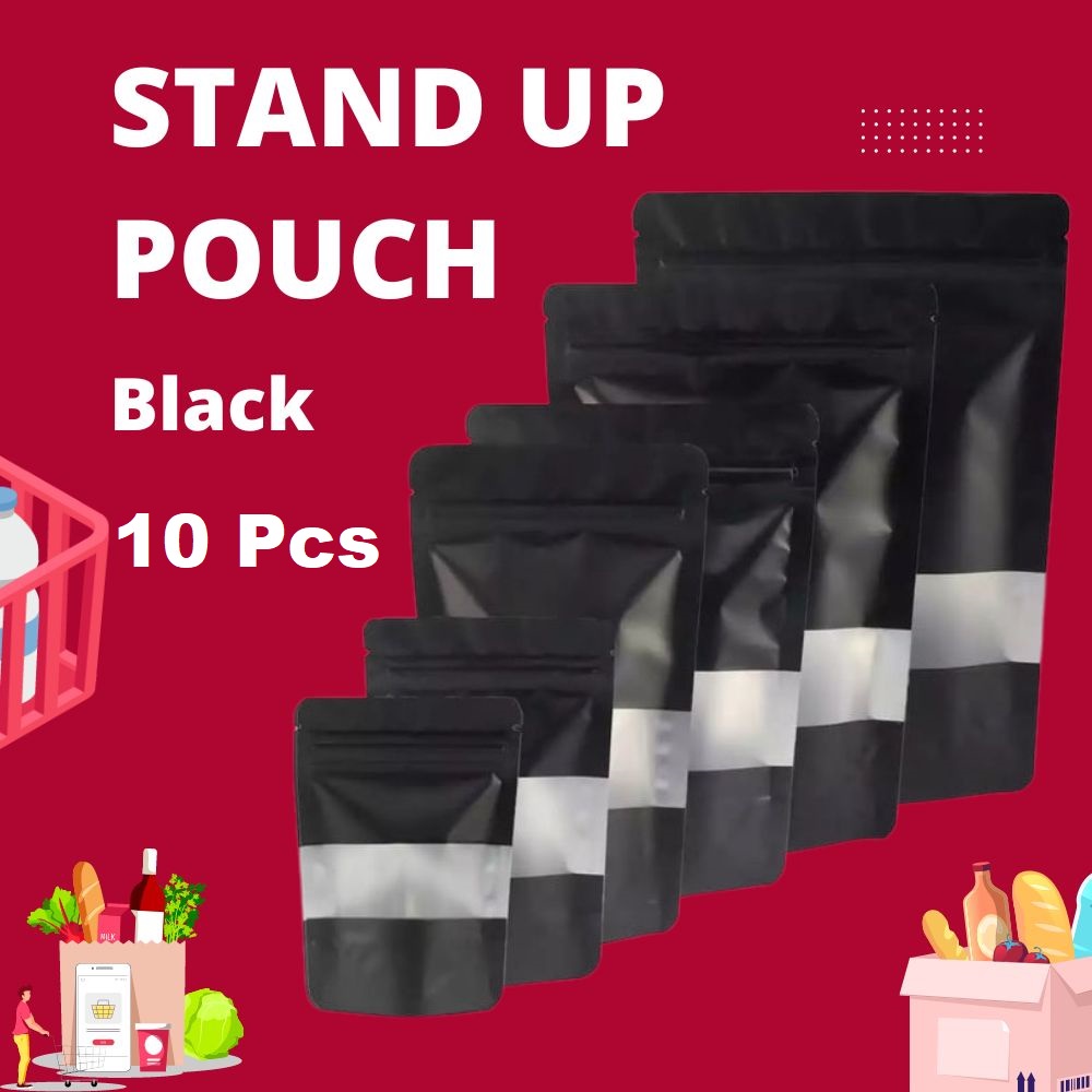 (10 Pcs) Stand Up Pouch Black Aluminum Foil Window Zip Lock Bag ...