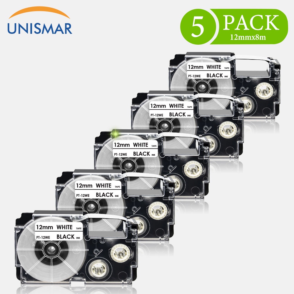 5PK Compatible Casio XR-12WE XR12WE Label Printer Tape Refill, Black on ...