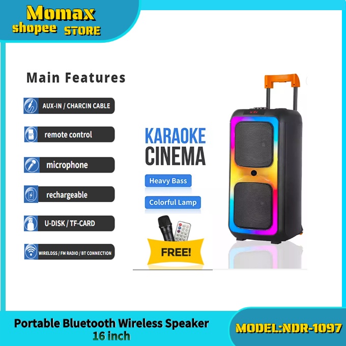 NDR-1097 16 Inch Portable Heavy bass Karaoke DJ party Wireless Bluetooth Speaker with Wireless ...