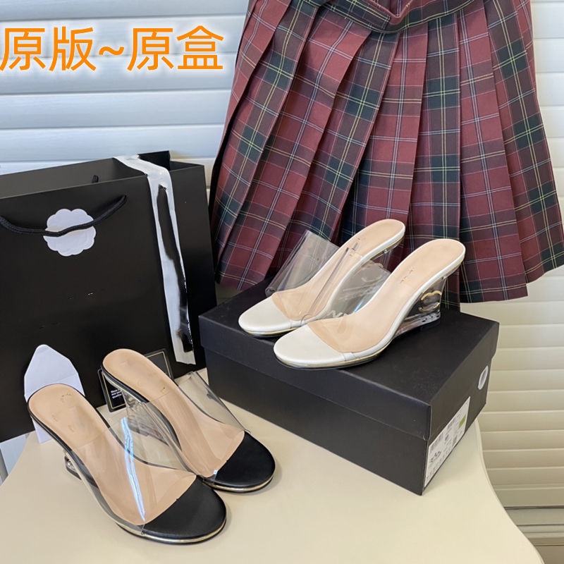 Xiaoxiang Style Transparent Sandals One-Word Strap 2022 Summer Mid-Heel ...