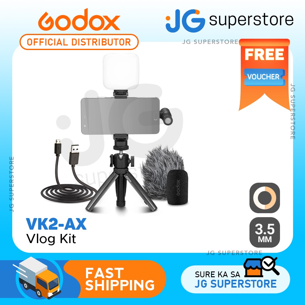 GODOX VK2-AX Vlog Kit, Mic (3.5mm), Bi-color LED Light, Phone Clamp ...