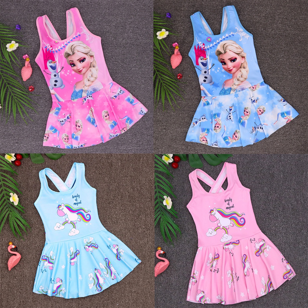 Cartoon Frozen Elsa Kids Girls One-Piece SleevelessSwimwear Beach ...