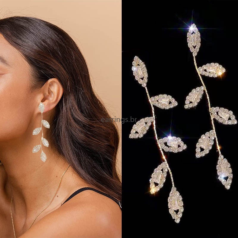 Rhinestone Leaves Earrings for Women Girls Metal Leaf Long Drop Dangle Earrings Wedding ...