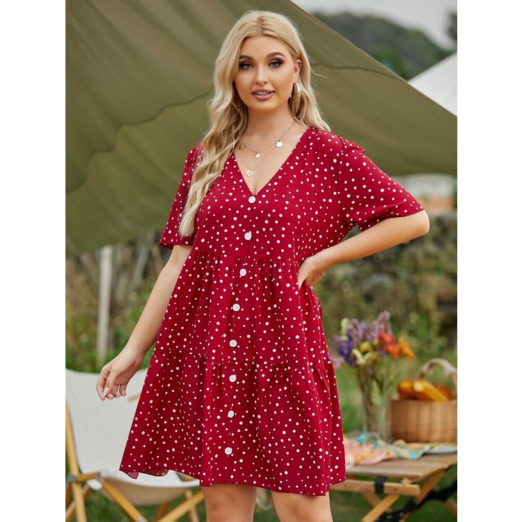 Simplee Polka Dot Front Button V-neck Plus Size Babydoll Smock Dress A2839 | Shopee Philippines