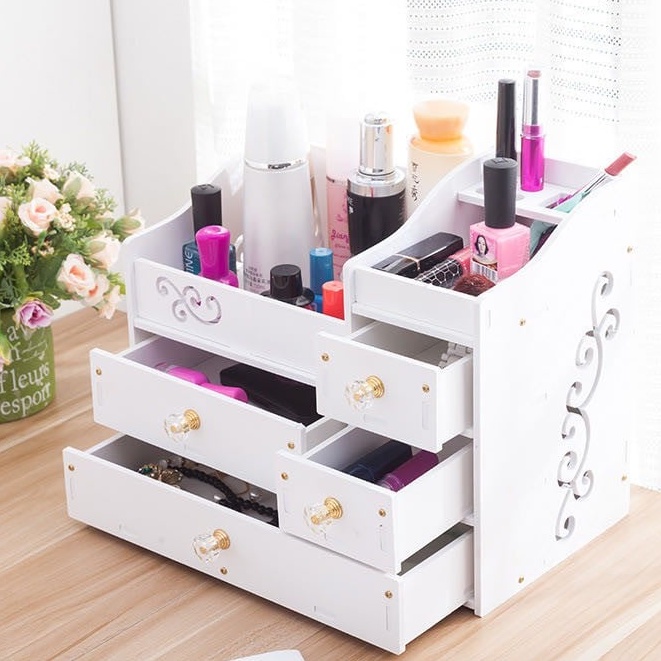 3 Layers & 4 Drawers DIY Wooden White Jewelry Cosmetics Make up Storage ...
