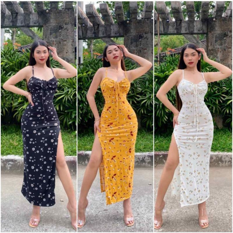 SUNSHINE Middle Ribbon String High Side Slit Summer Bodycon Maxi Dress ...