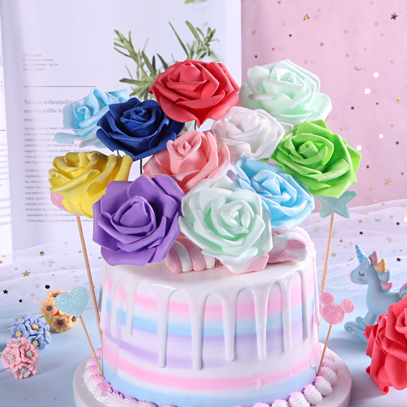 5pcs Simulation Sponge Rose Flower Cake Topper Birthday Cake Korean ...