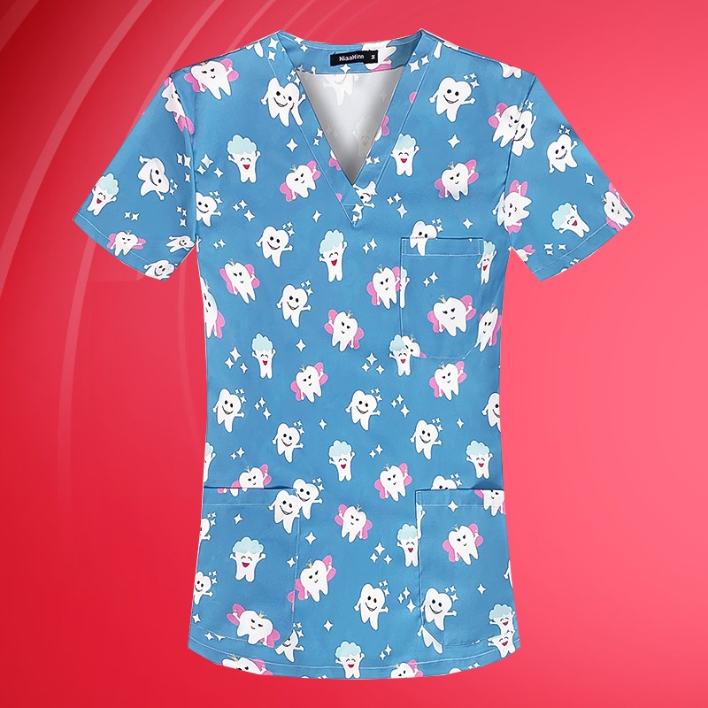 Stretch Fabric Floral Nurse Clothes Dental Clinic V-Neck Surgical ...