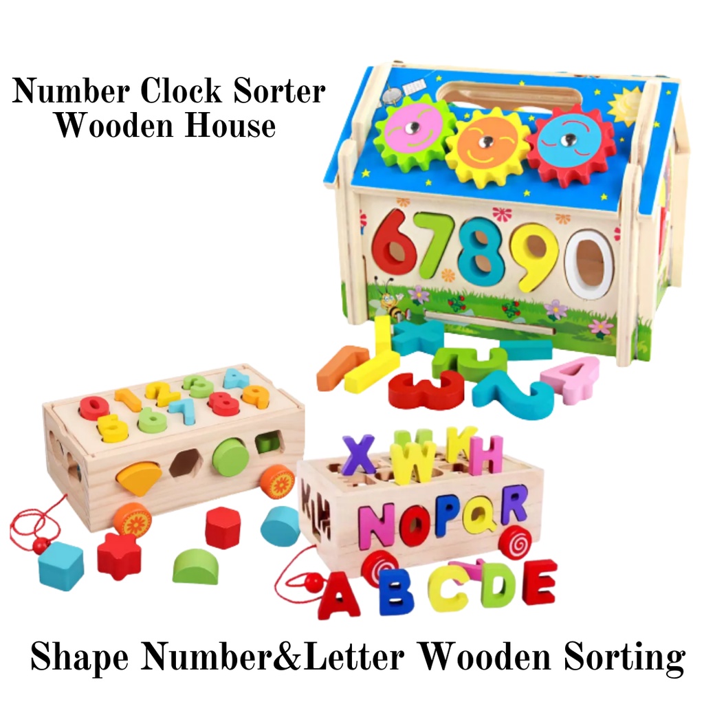 MNKC Plus Number Clock Sorter Wooden House Kids Learning Blocks Math ...