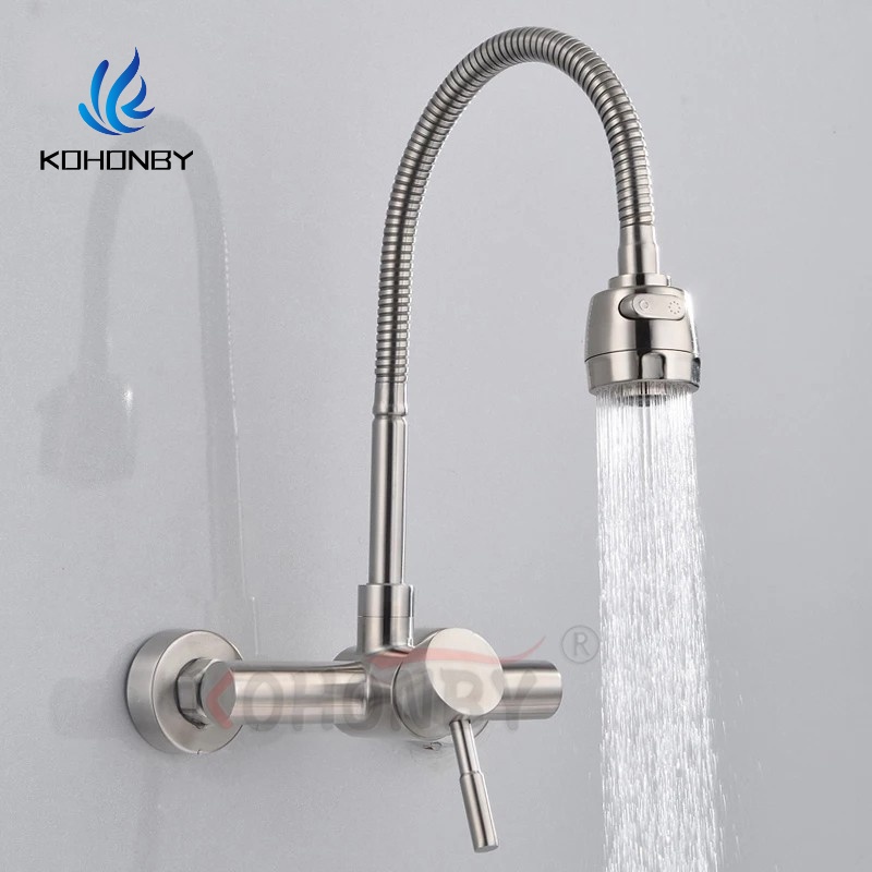 304 Stainless Steel Wall Kitchen Faucet Hot And Cold Mixed Universal ...