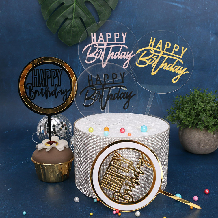 Round Transparent Acrylic Happy Birthday Cake Topper Insert Card Flag ...