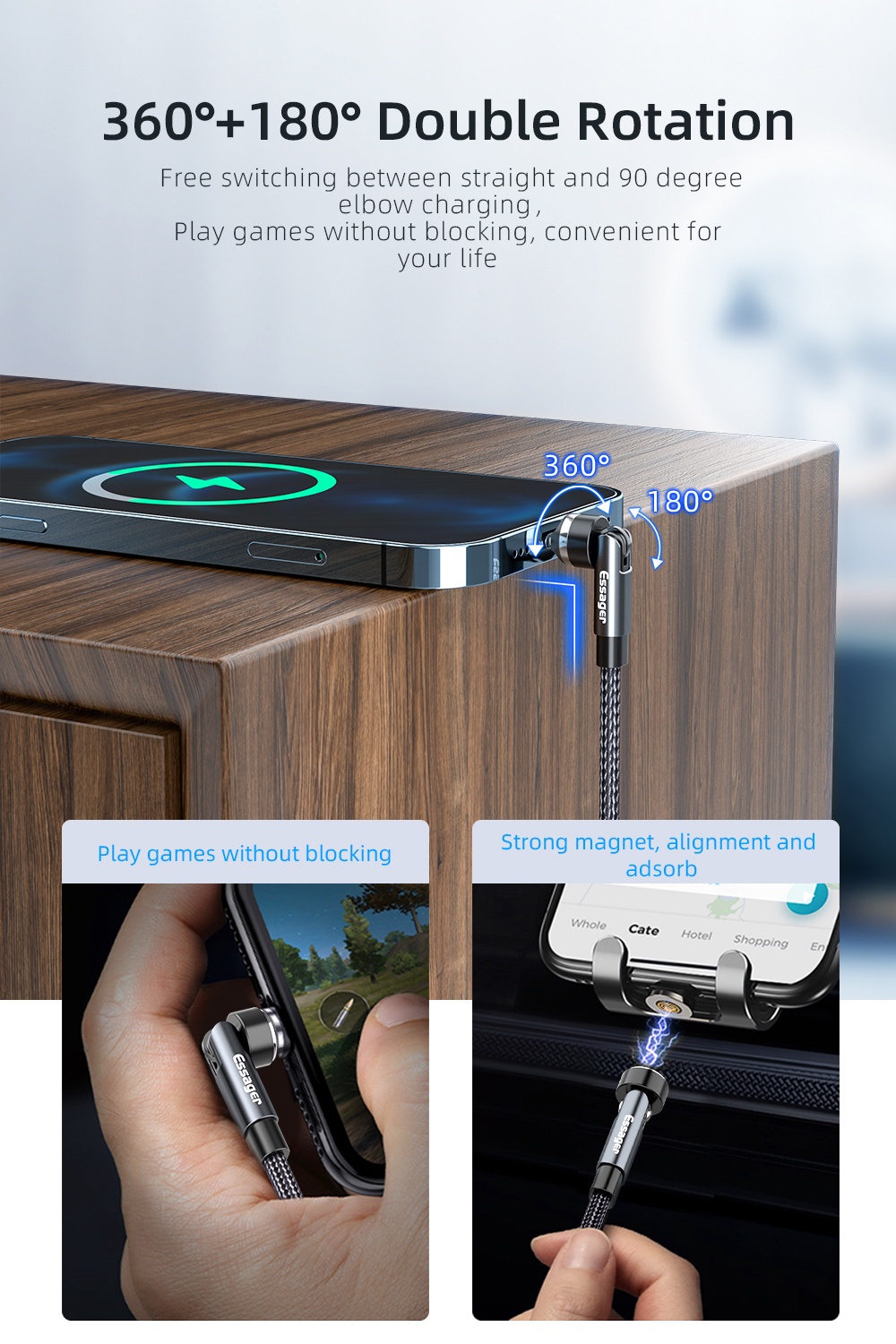 Essager 540 Rotate Magnetic Cable 3A Fast Charging Micro USB Type C ...