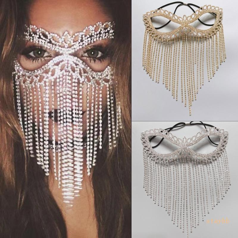 stay Tassel Mask Chain Sparkly Rhinestone Veil Mask Crystal Cat Eye ...