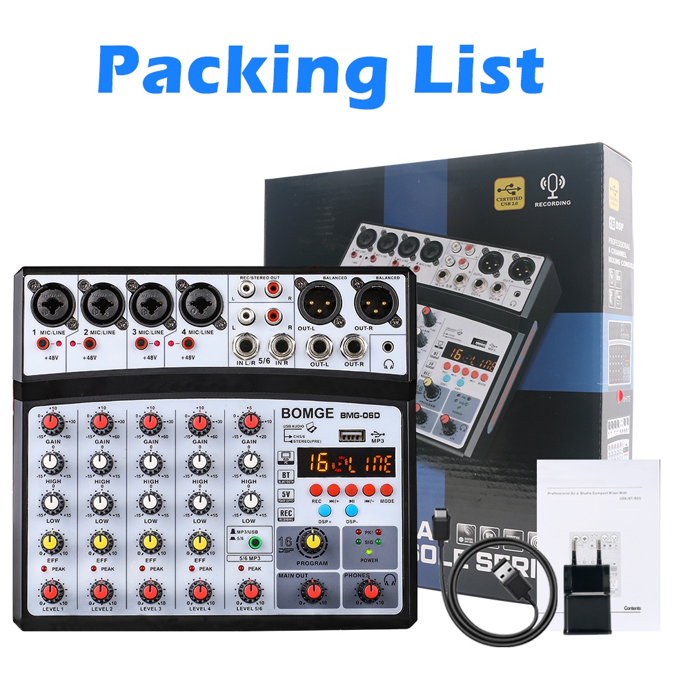 BOMGE 6 channel dj audio mixer with MP3 USB Bluetooth,48V phantom power, 5V power supply,16 DSP ...