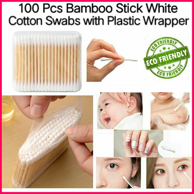 100 Pcs Bamboo Stick White Cotton Swabs with Plastic Wrapper Cotton ...