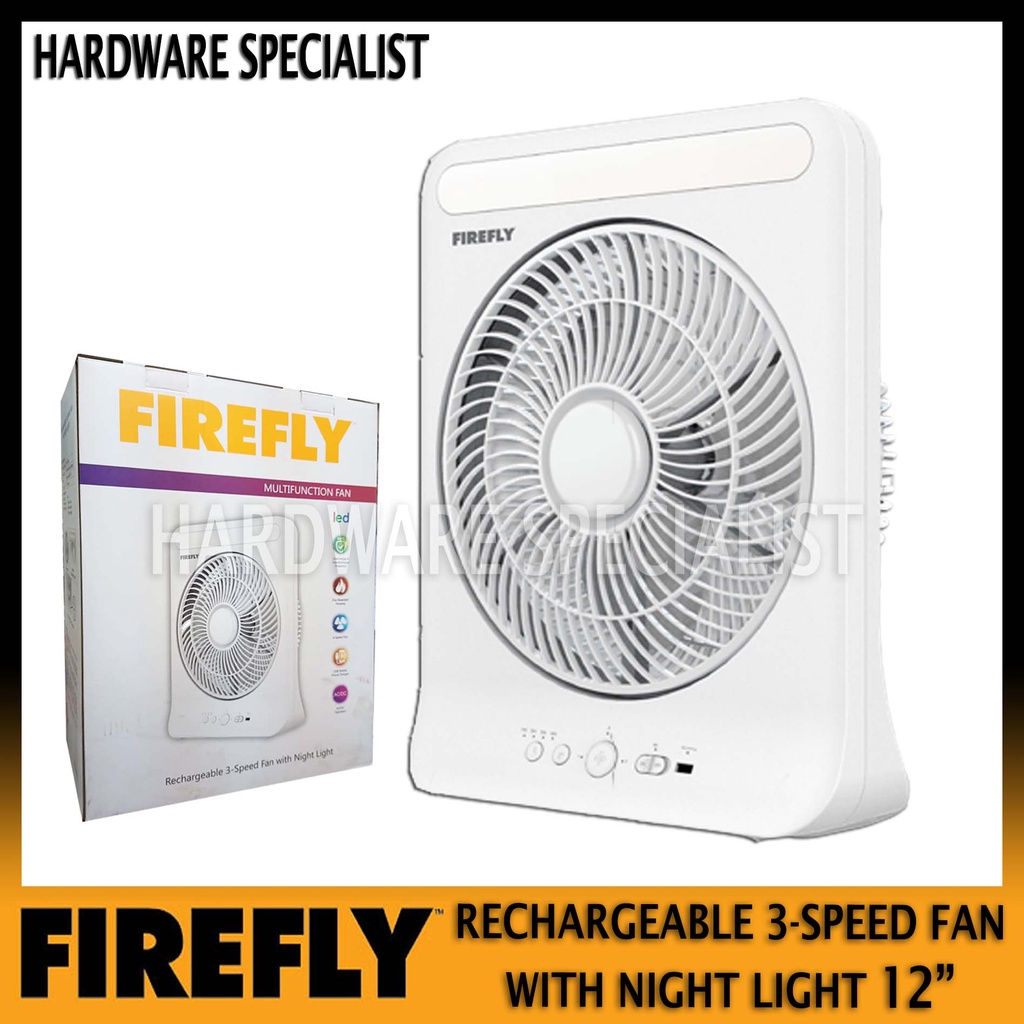 Firefly 12" Rechargeable 3-Speed Fan With Night Light ORIGINAL FEL653 ...
