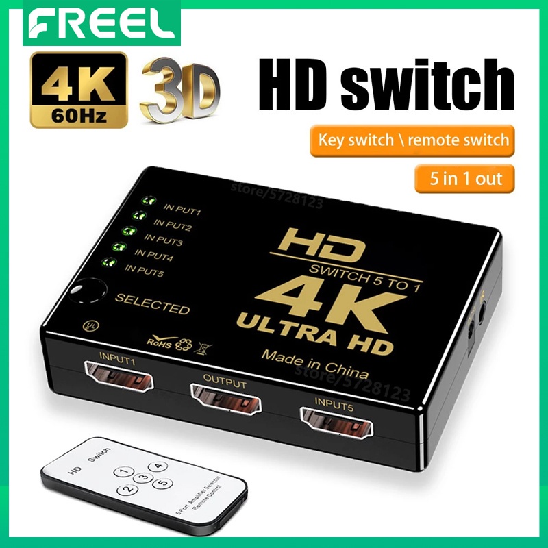 FREEL HDMI Switch 4K Switcher 5 In 1 Out HD Video Cable 3D Infrared ...