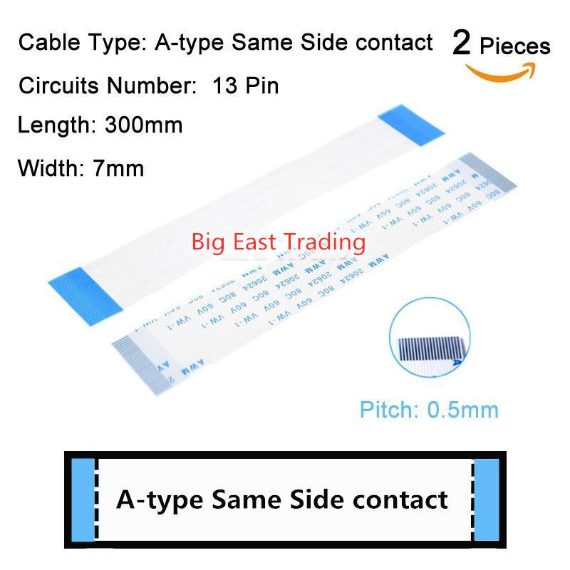 2pcs FPC Ribbon Flexible Flat Cable Pitch 0.5mm Length 300mm A-type Same Side Contact 13P FFC ...