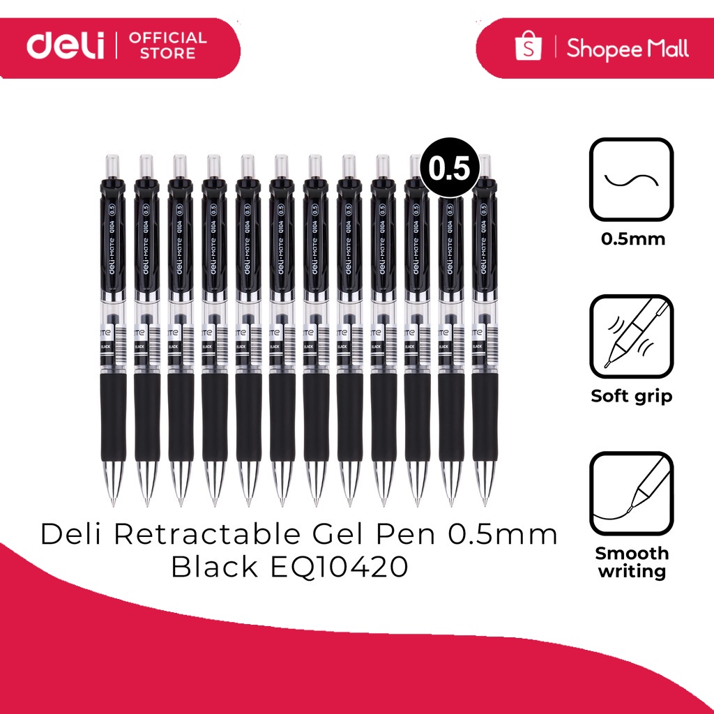 Deli EQ10420 Retractable Gel Pen 0.5mm Black 12pcs/box (1BOX ...