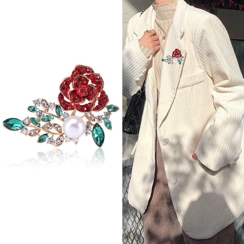 High-end Rose flower Brooch Retro Rhinestone Pearl Flowers Brooch ...