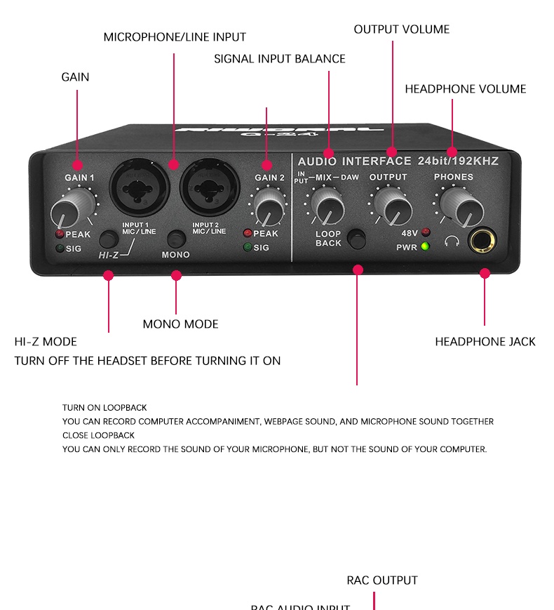 Audio Interface 24Bit/96kHz Used for Pc With XlR / 1/4 Inch Jack 2 ...