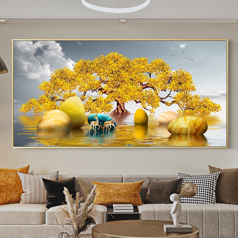 Golden Rich Tree Canvas Painting Deer Landscape Lucky Stone Posters for ...