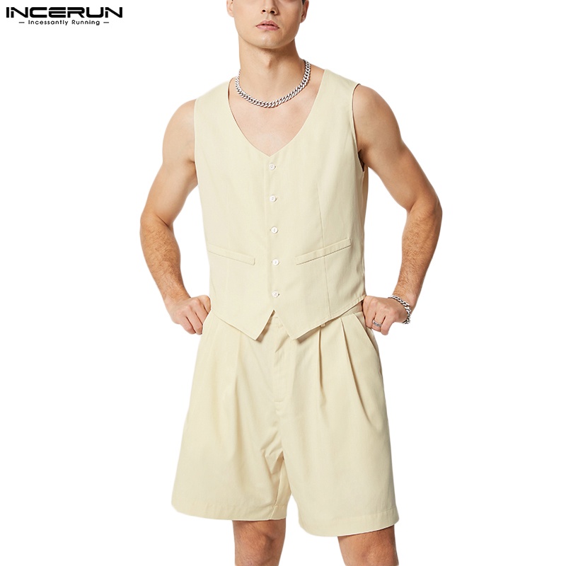 INCERUN Men Buttom Up Vest + Shorts Beach Solid Loungewear Two-piece ...