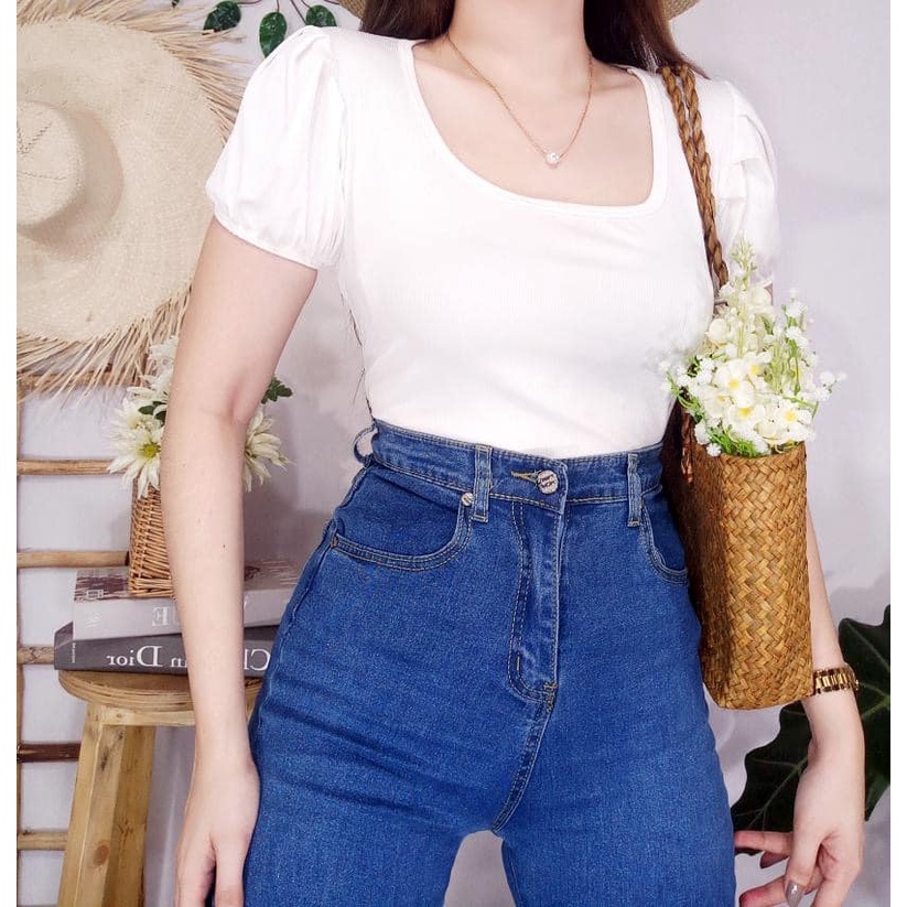 [THCB] Francine Knitted Squareneck Crop Top (Squarepuff | Square Puff ...