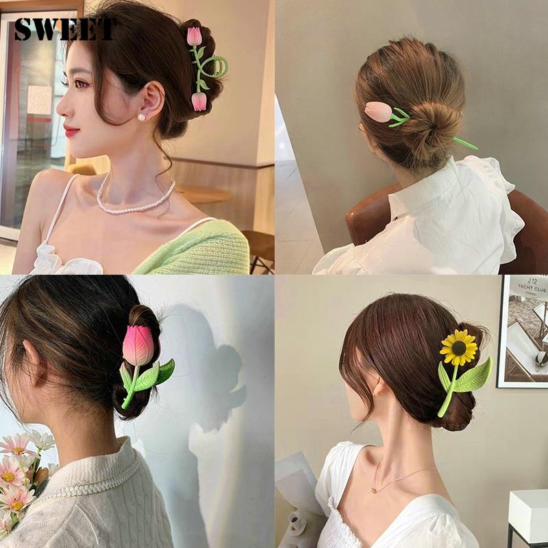Fashion Tulip Flower Series Hair Claw Women Sunflowers Metal Hair Clamp ...