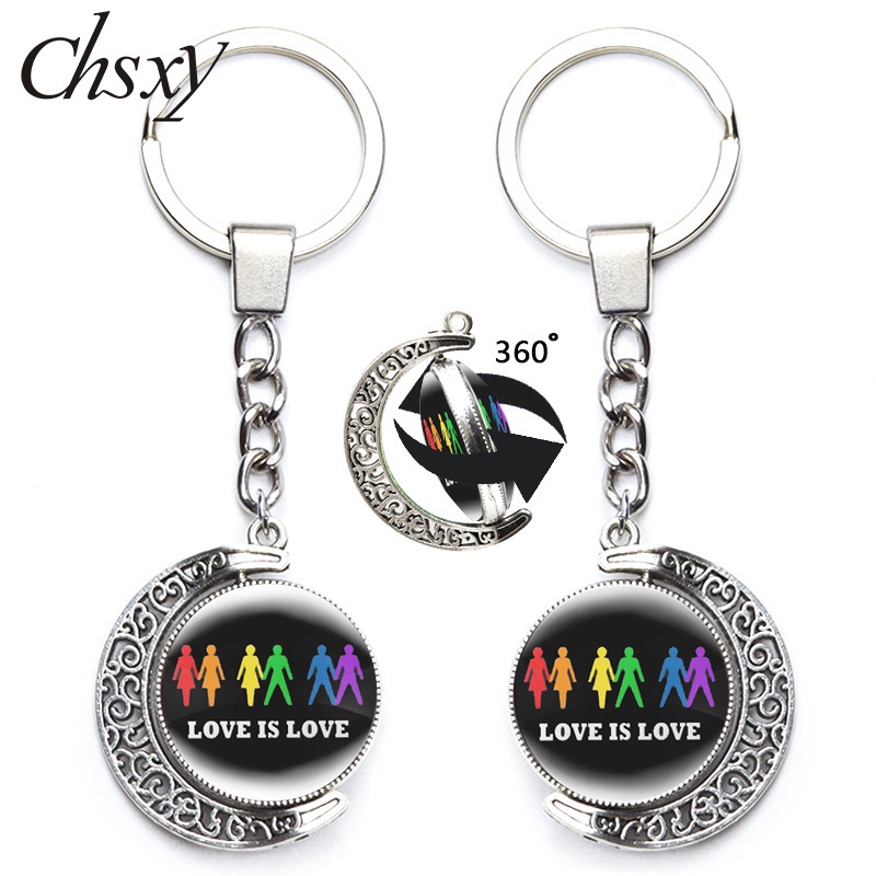 LGBT Flag Rainbow Key Ring Love Is Love 360 Degrees Rotated Moon Keychain Glass Double Sided ...