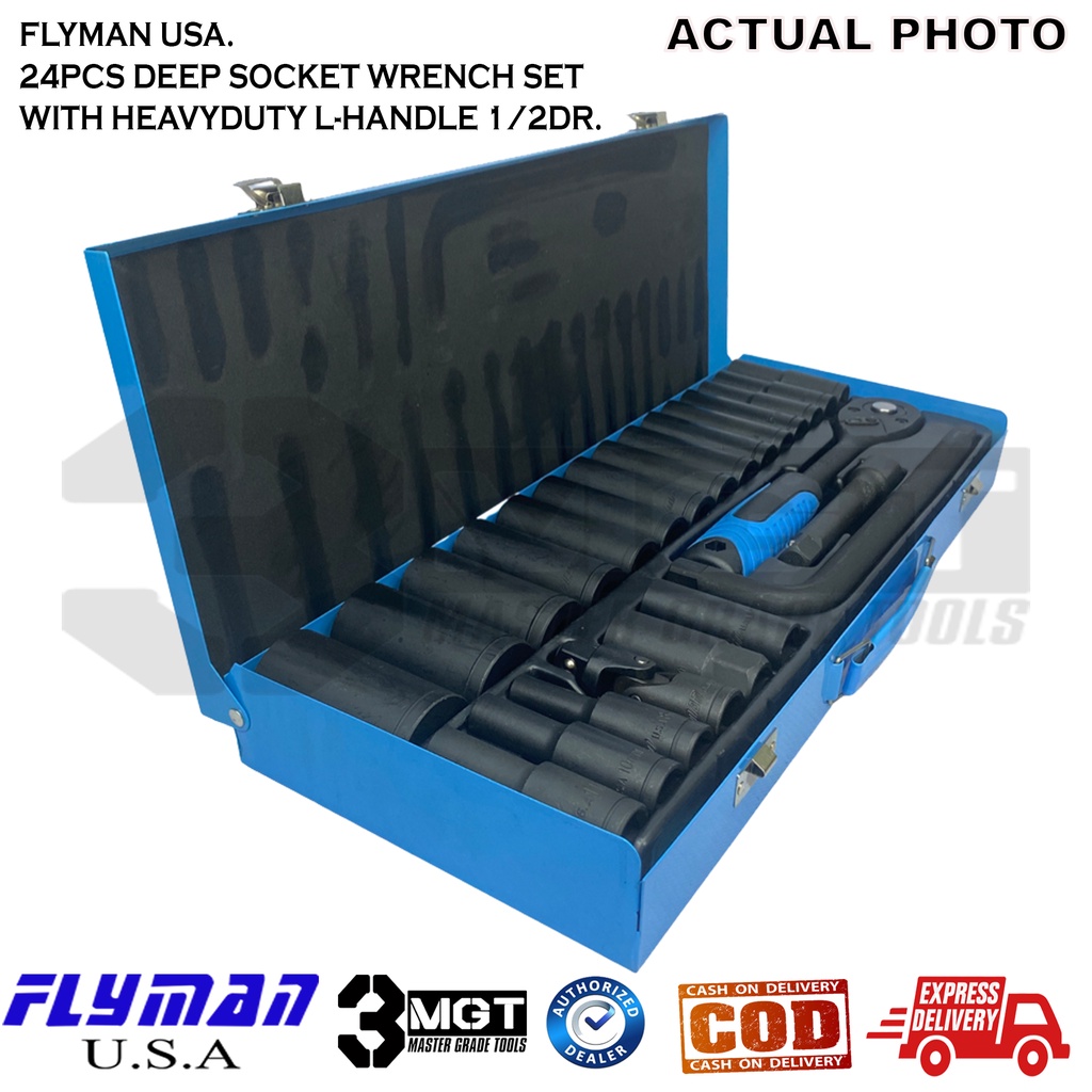 ORIGINAL FLYMAN USA 24PCS. DEEP SOCKET WRENCH SET WITH HEAVYDUTY L ...