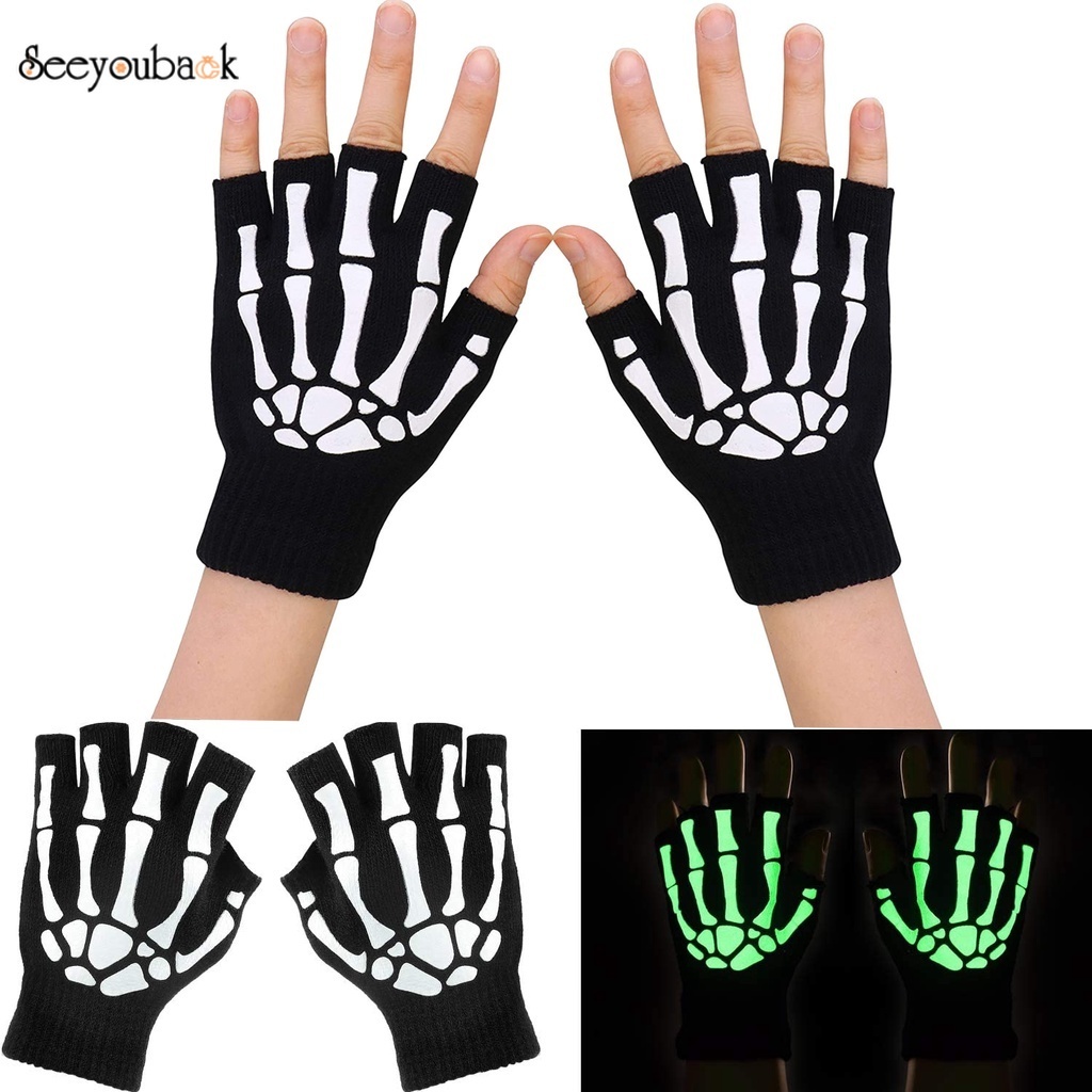 1Pair Unisex Adult Skeleton Skull Gloves Glow In The Dark Fingerless ...