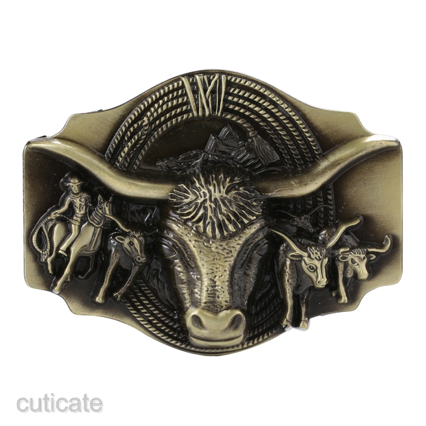 Retro Western Cowboy Belt Buckle Embossed Long Bull Rodeo Bronze Buckle ...