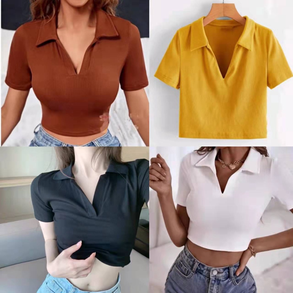Women's Collar Tops Retro Lapel Polo Plain Crop Top Short Sleeves free ...