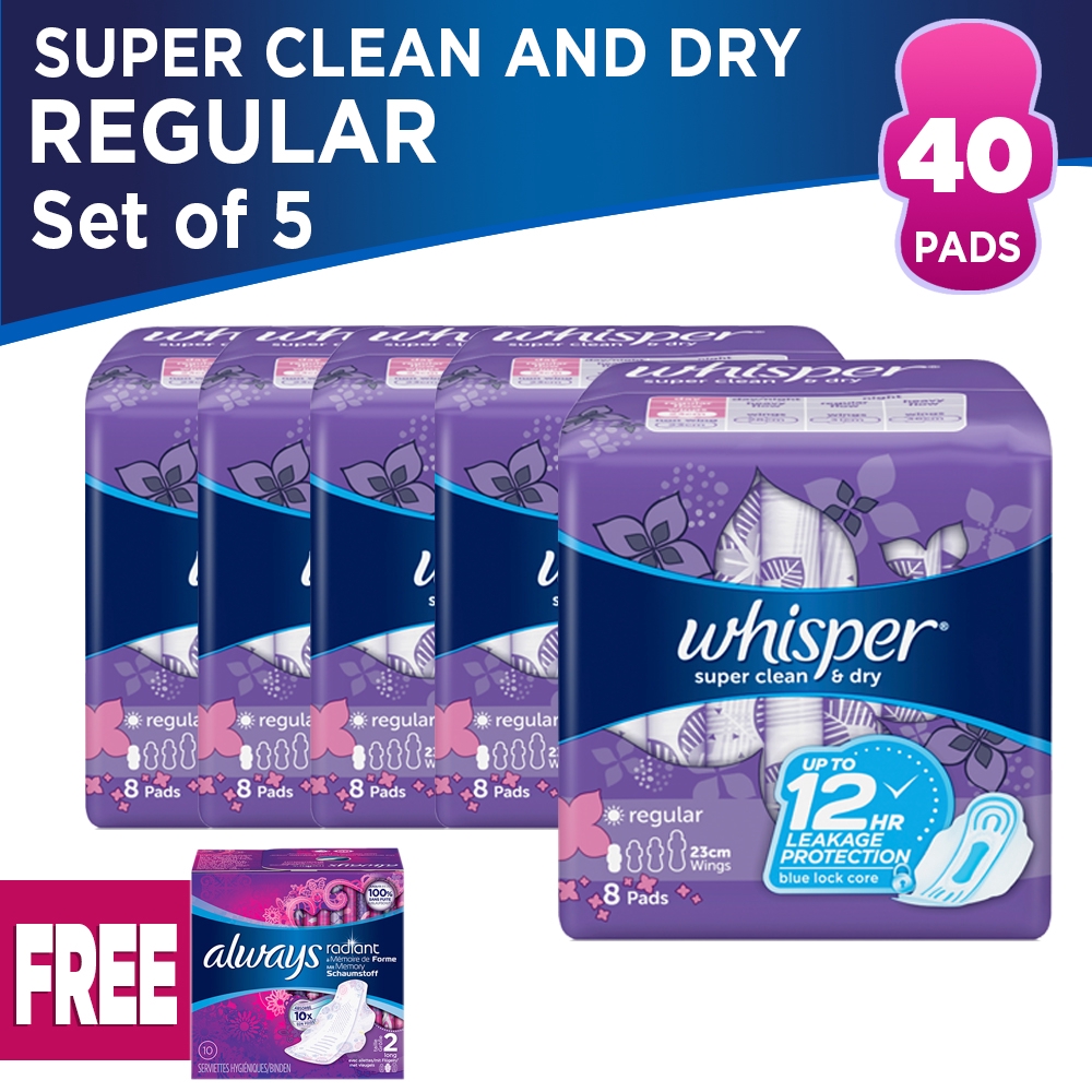 Whisper Super Clean & Dry Regular Flow Wings 8s + Free Always Radiant ...