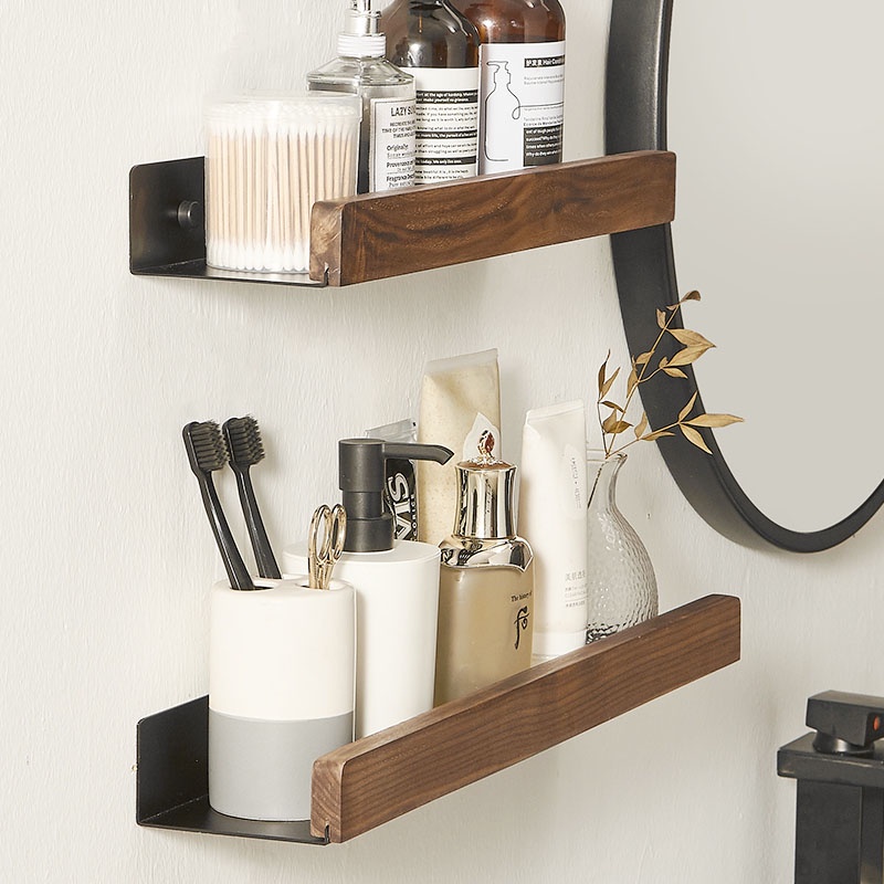 【Ready Stock】Wood Bathroom Shelving Wall Mounted Toilet Shampoo Shelf ...