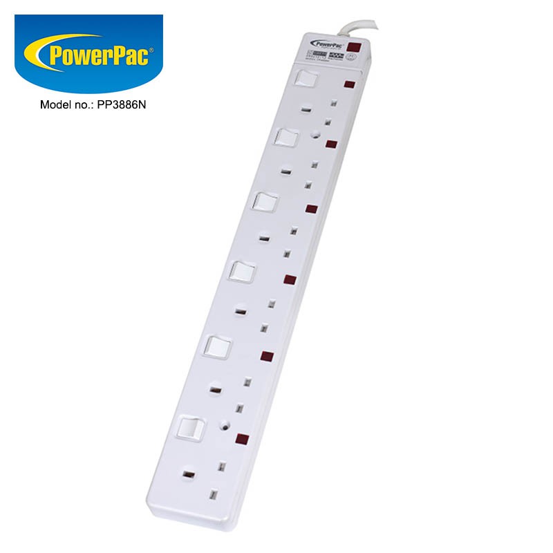 PowerPac Extension Socket, Extension Cord 6 Way 3 metre with 2-pin ...